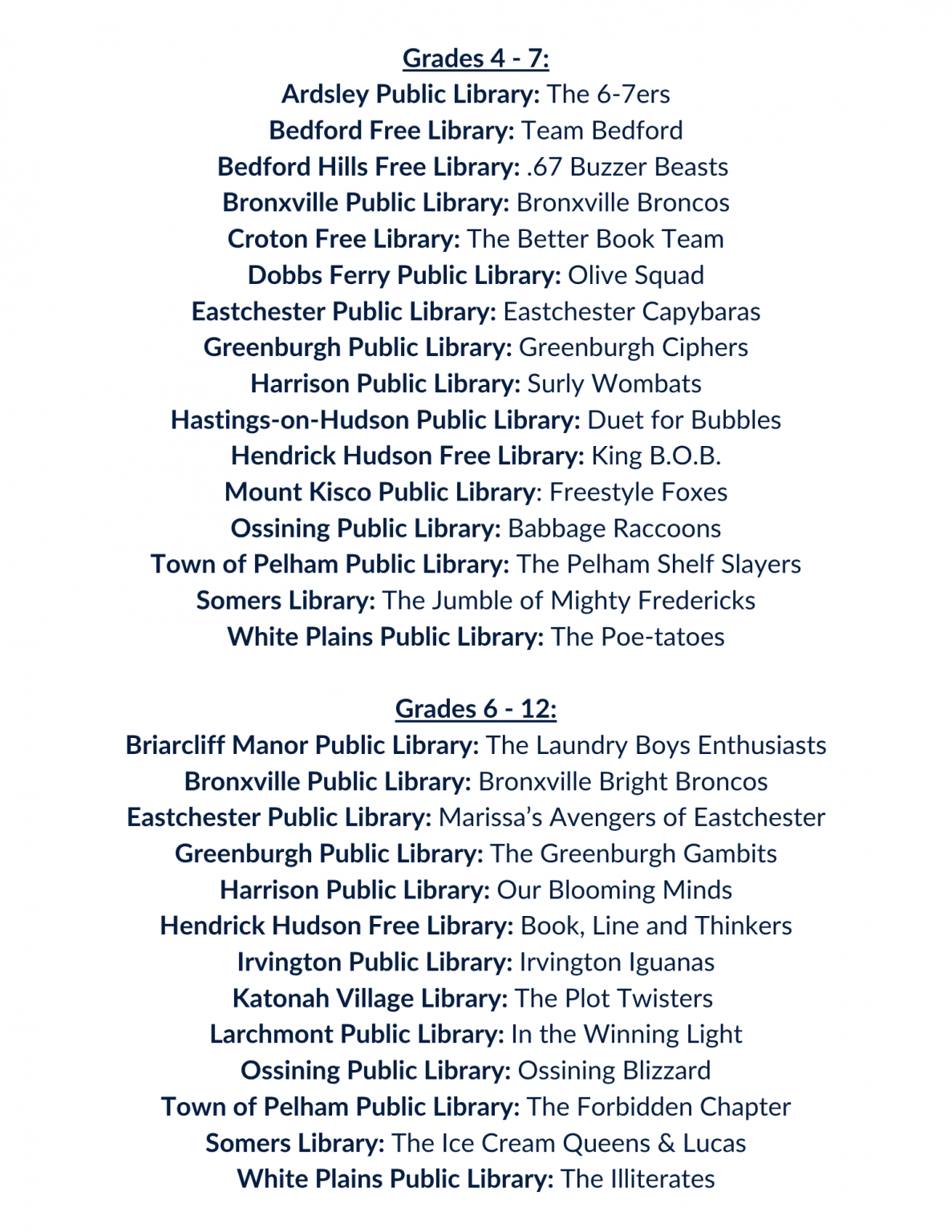 Program – Westchester Library System Battle of the Books